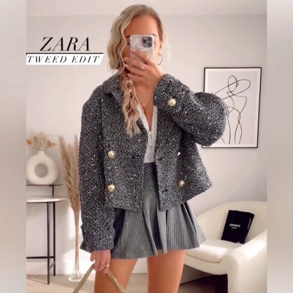 Zara | Jackets & Coats | Nwt Zara Textured Tweed Cropped Double ...